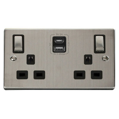 Stainless Steel 2 Gang 13A DP Ingot Type A & C USB Twin Double Switched ...
