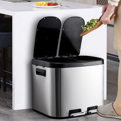 Stainless Steel Dual Rubbish Bin, 2-Compartment Metal Pedals Bin with ...