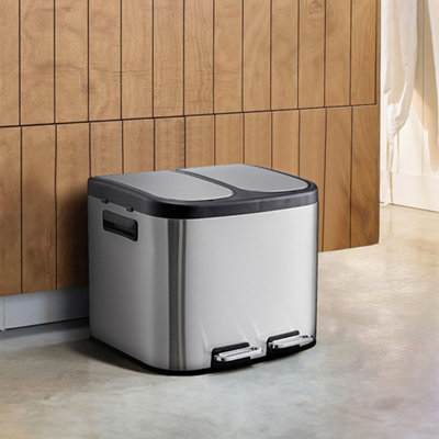 STAINLESS STEEL DUAL RUBBISH BIN, 2-COMPARTMENT METAL PEDALS BIN WITH ...