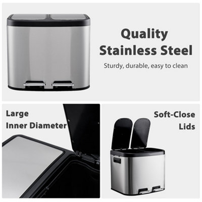 STAINLESS STEEL DUAL RUBBISH BIN, 2-COMPARTMENT METAL PEDALS BIN WITH ...
