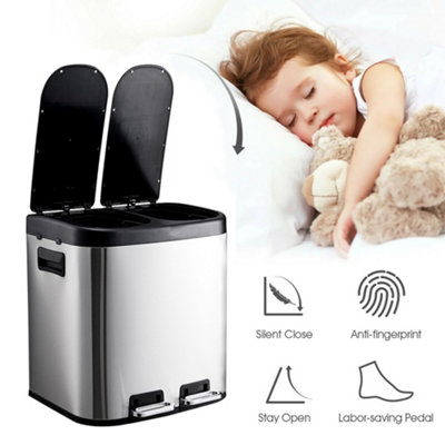 Stainless Steel Dual Rubbish Bin 2-Compartment Metal Pedals Bin with ...