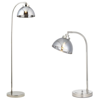 Standing Floor & Table Lamp Set - Bright Nickel Mirrored Glass Shade ...