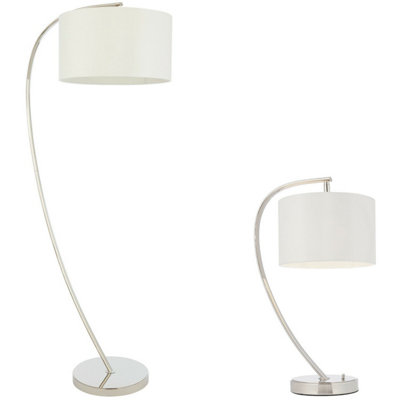 Standing Floor & Table Lamp Set Bright Nickel & White Shade Curved Stem ...