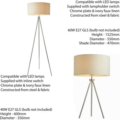 STANDING FLOOR & TABLE LAMP SET CHROME PLATE IVORY SHADE SLEEK TRIPOD ...