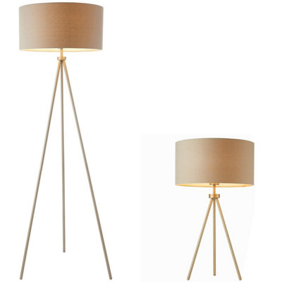 Standing Floor & Table Lamp Set Matt Nickel & Grey Shade Sleek Tripod ...