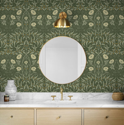 Stenciled Floral Vintage Prepasted Wallpaper