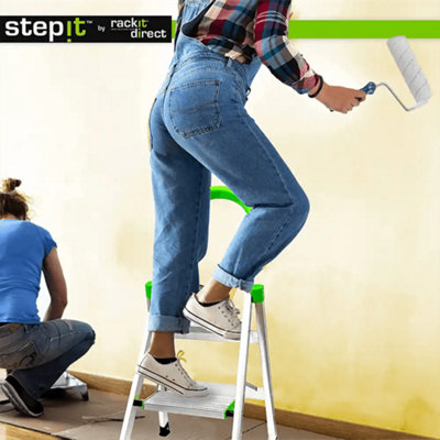 StepIt 2 Step Ladder - Portable Folding Aluminium with Deep Steps, Soft Grip, Rubber Hand Grip ...