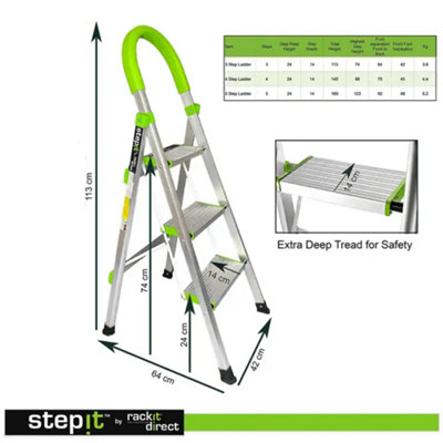 StepIt 3 Step Ladder Portable Folding Aluminium Deep Steps 3 Year ...