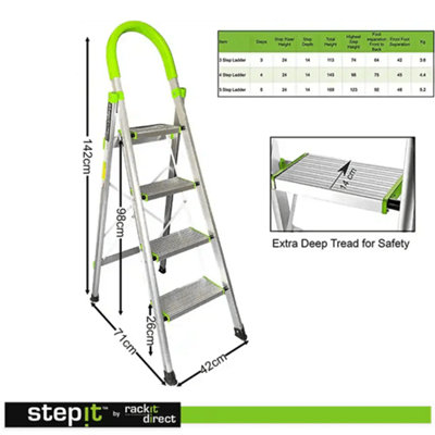 StepIt 4 Step Ladder 3 Year Warranty 150kg Capacity Portable Folding Aluminium Anti-Slip Grip ...