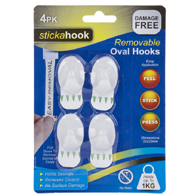 Stickahook Small Removable Oval Hooks - Pack of 4