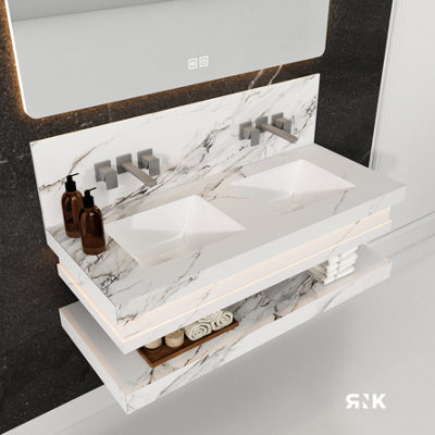 STONE WALL HUNG DOUBLE BASIN WITH STORAGE SHELF 1200