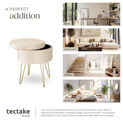Stool Ava - round, padded velvet look, with storage space - cream