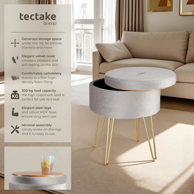 Stool Ava - round, padded velvet look, with storage space - light grey, 1