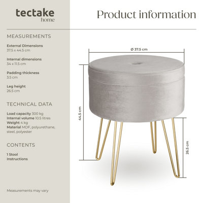 Stool Ava - round, padded velvet look, with storage space - light grey, 1