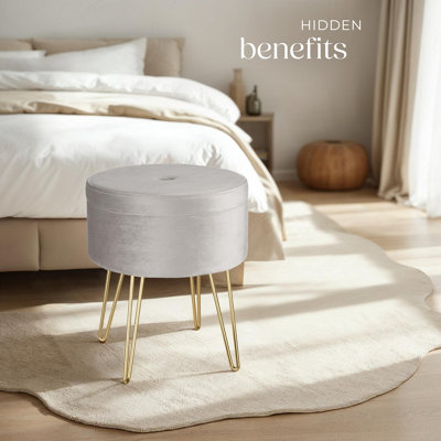 Stool Ava - round, padded velvet look, with storage space - light grey, 1