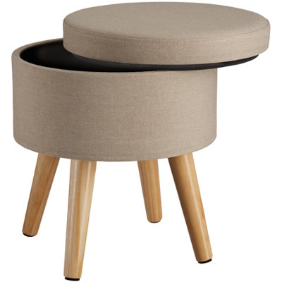 Stool Yumi - round, padded, linen look, with storage space - sand