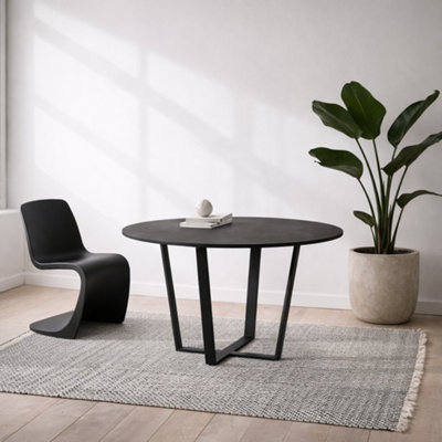 Stovring 110cm Black Marble-Effect Round Dining Table with Black Metal Legs