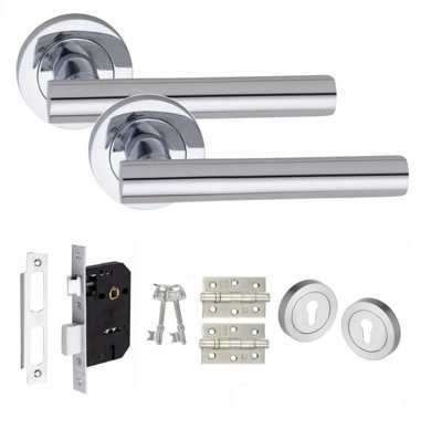 Straight T-Bar Key Lock Internal Door Handle Set Ball Bearing Hinges ...
