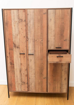 Stretton Urban Industrial 4 Door Large Wardrobe with Drawer Rustic Bedroom