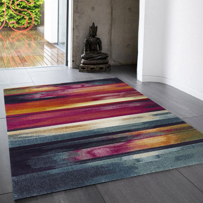 Stripe Multi Funky Modern Jute Backing Rug for Living Room Bedroom and ...