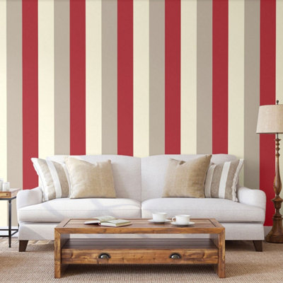 Stripe Wallpaper - Red / Cream / Grey - E40910 | DIY at B&Q