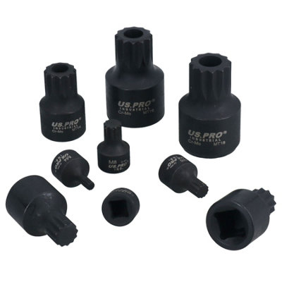 Stubby Impact XZN Spline Triple Square Male Sockets M4- M18 Mixed Drive 9pc