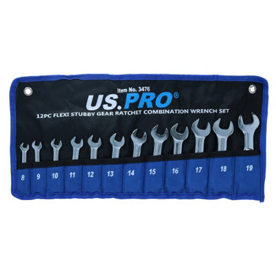Stubby Metric Flexi Ratchet Spanners / Spanner Set 12pc 8mm to 19mm