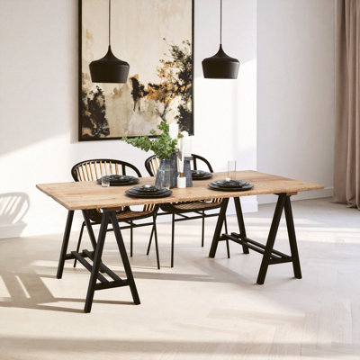 Sturdy Pine Wood And Iron Dining Table, A-Frame Legs Small Dining Table ...