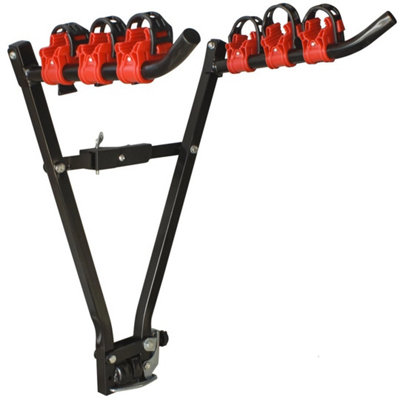 Sturdy rear tow bar bike rack holds 3 bicycles for car and van travel.