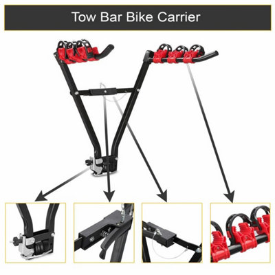 Sturdy rear tow bar bike rack holds 3 bicycles for car and van travel.