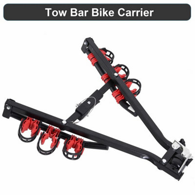 Sturdy rear tow bar bike rack holds 3 bicycles for car and van travel.