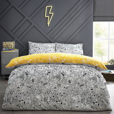 Style Lab Notebook Doodles Reversible Duvet Cover Set, Single, Black