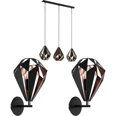 Stylish 3-Bulb Ceiling Light with 2 Matching Wall Fixtures in Black and ...