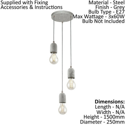 Stylish 3 Bulb Pendant Ceiling Light in Grey Steel and Concrete