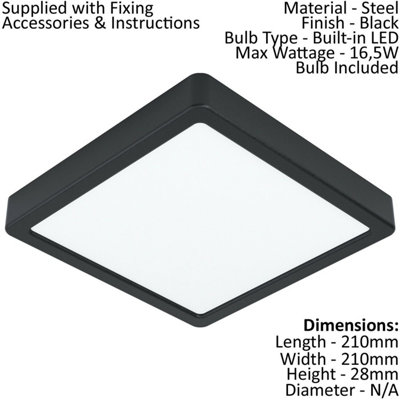 Stylish Black 210mm Square LED Wall and Ceiling Light with 16.5W Power