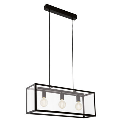 Stylish Black Glass Box Pendant Light for Kitchen Island - 3x 60W E27