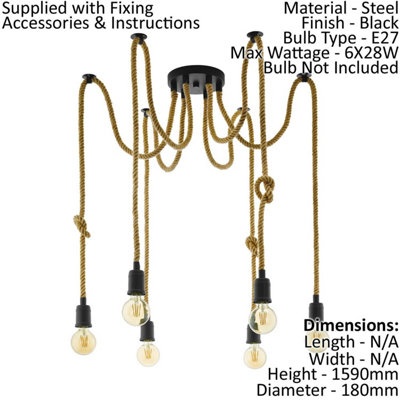 Stylish Black & Rope Hanging Pendant Light with Adjustable 6-Bulb E27 ...