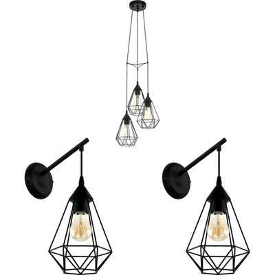 Stylish Black Wire Cage Ceiling Pendant Light with Matching Wall Sconces