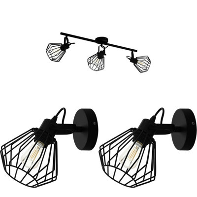 Stylish Black Wire Cage Ceiling Spot Light with 2 Matching Wall Lamps