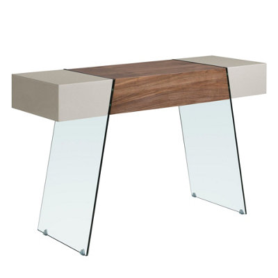 Stylish Rectangular Console Table in Grey Wood and Tempered Glass