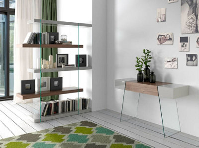Stylish Rectangular Console Table in Grey Wood and Tempered Glass