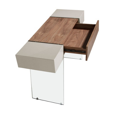 Stylish Rectangular Console Table in Grey Wood and Tempered Glass