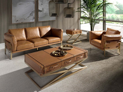 Stylish Rectangular Leather and Gold Steel Coffee Table