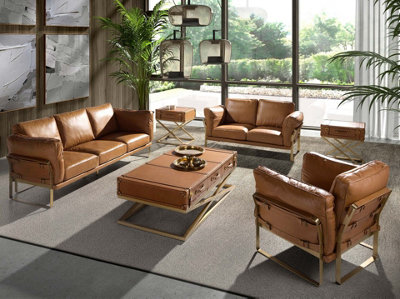 Stylish Rectangular Leather and Gold Steel Coffee Table