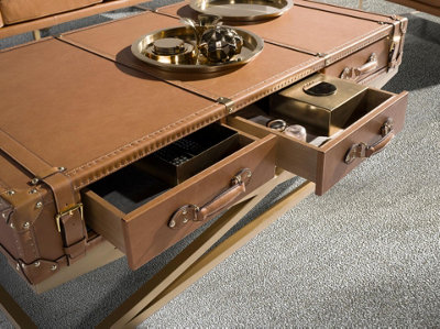 Stylish Rectangular Leather and Gold Steel Coffee Table