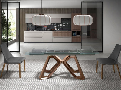 Stylish Rectangular Tempered Glass and Walnut Extending Dining Table
