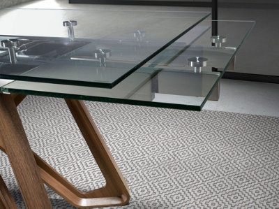 Stylish Rectangular Tempered Glass and Walnut Extending Dining Table