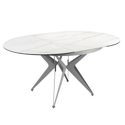 Stylish Round Extendable Dining Table in Porcelain Marble and Grey Steel