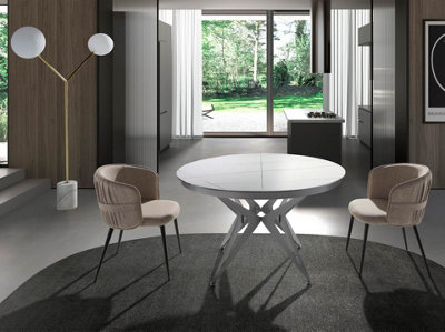 Stylish Round Extendable Dining Table in Porcelain Marble and Grey Steel