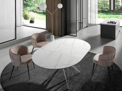 Stylish Round Extendable Dining Table in Porcelain Marble and Grey Steel